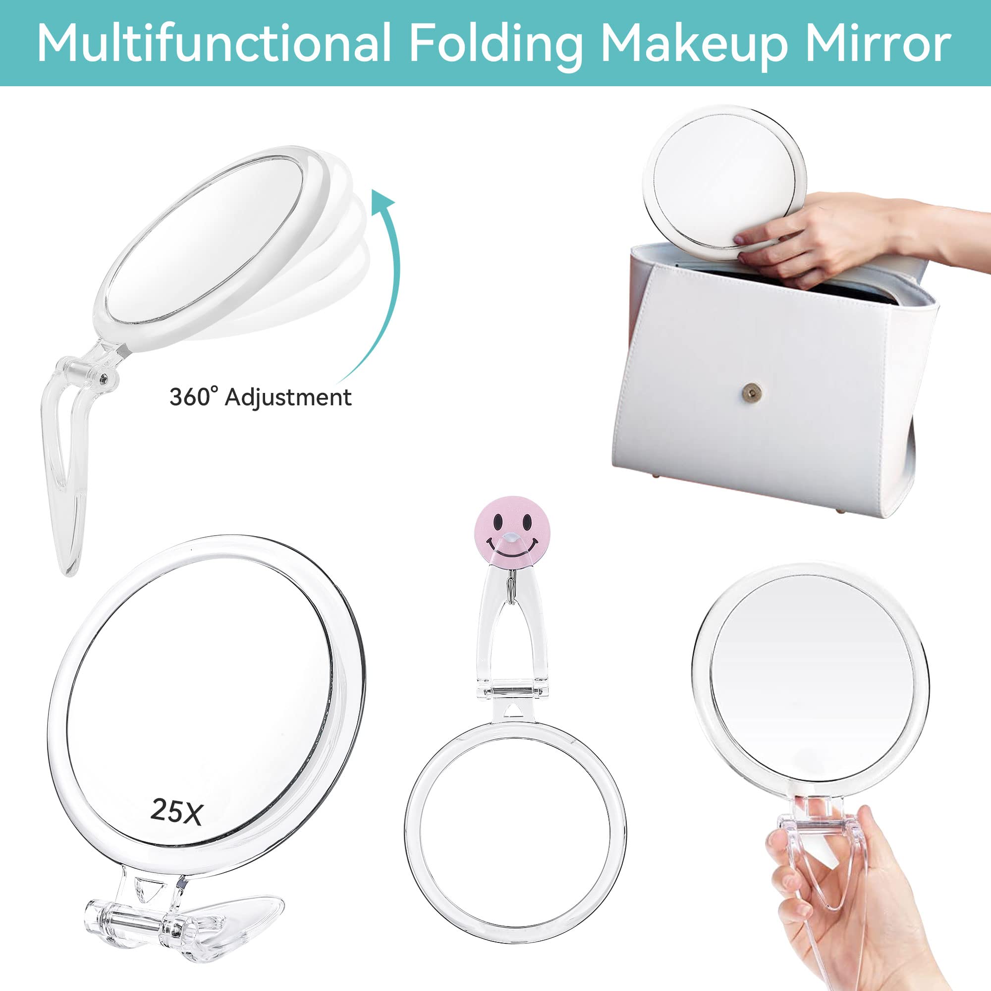 25X Magnifying Mirror Set, 25X/1X Double-Sided Hand Held Magnified Mirror & 10X Magnifying Mirror Suction Cup,Perfect for Precise Makeup Applications & Blackhead/Blemish Removal Handle A