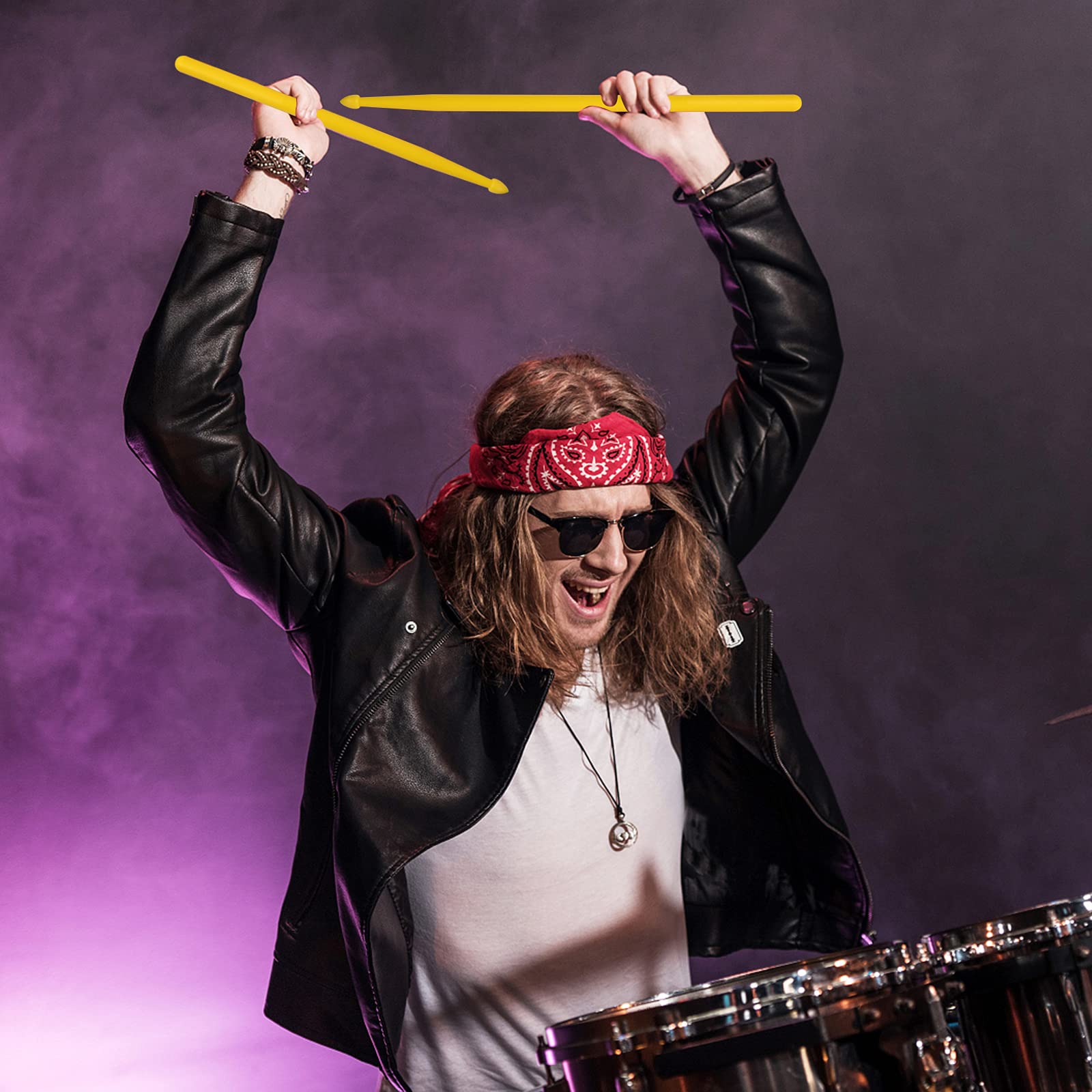 2 Pairs 5A Nylon Drumsticks for Adults Kids Light Durable Plastic Drum Sticks Set with Non-Slip Handles Professional Musical Instrument Percussion Accessories (Red & Yellow)