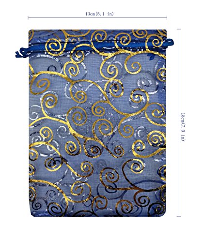 Ankirol 100pcs Sheer Organza Favor Bags 5x7'' for Wedding Bags Samples Display Drawstring Pouches (Blue-Gold Swirl)