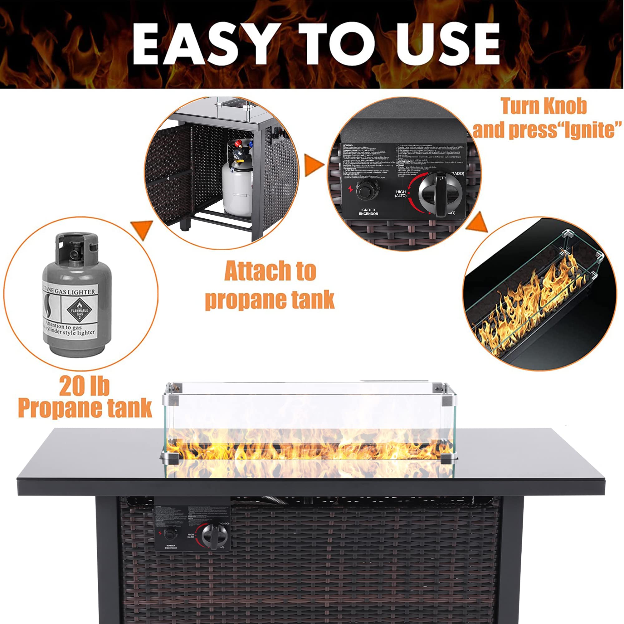 43 Inch Propane Fire Pit Table, 50,000 BTU Auto-Ignition Rattan Gas Fire Pit Table with Glass Wind Guard, CSA Approved for Outdoor Garden, Patio, Deck Poolside.
