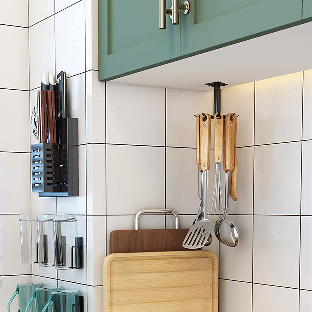 2PCS Utensil Under Cabinet Holder, Takemay 360° Rotating Stainless Steel Kitchen Utensil Holder with 8 Hooks,Top and Wall Mounted Utensil Hanger Rack for Hanging Utensils, Knives, Mugs, Spatulas, Pots