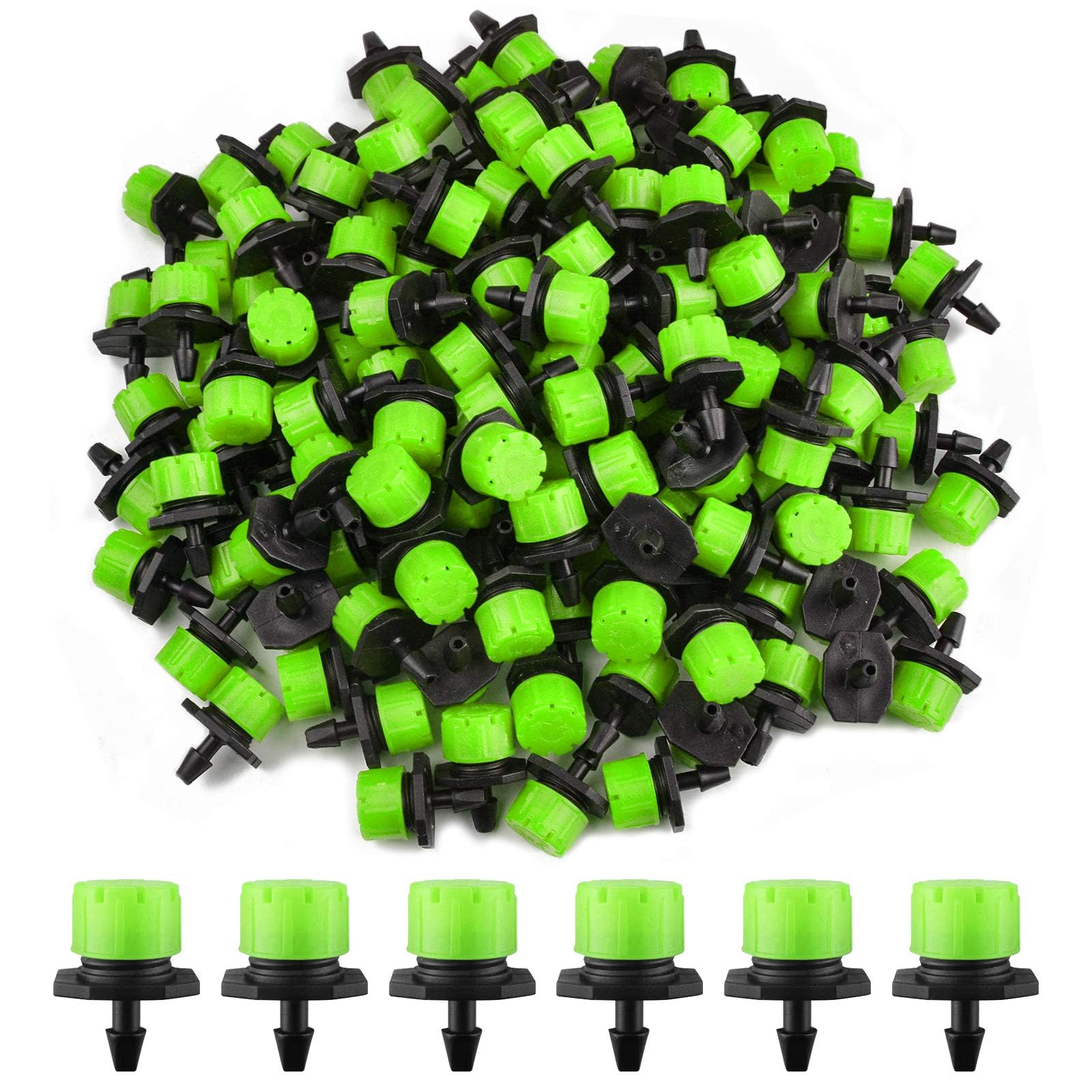 Kalolary 200Pcs Adjustable Irrigation Drippers, 1/4 Inch Barbed Drip Emitter 360 Degree Watering Sprinklers Anti-Clogging Drippers for 4mm/7mm Garden Watering System(Green)