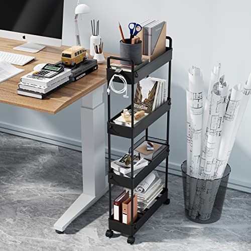 SOLEJAZZ Slim Storage Cart, 4 Tier Bathroom Organizer Mobile Shelving Unit, Rolling Utility Cart Slide Out Organizer for Kitchen, Bathroom, Laundry, Narrow Places, Black
