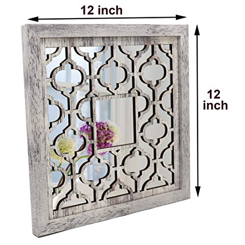 qmdecor Square Rustic Distressed White Framed Wall Decorative Mirror 12x12 inches Modern DIY Fashion MDF Wood Material Wall-Mounted Mirrors Set of 2 Pieces
