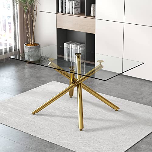 63 inch Glass Dining Table with Clear Rectangular Glass Top, 4 Chrome Golden Legs Modern Rectangular Glass Kitchen Table Furniture for Home Office Kitchen Dining Room, 4-6 People
