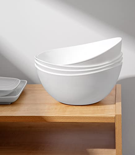 Honla 48 oz Large Salad Bowls,Set of 4 Big Plastic Bowls for Cereal,Pasta,Popcorn,Snacks,Serving Side Dishes,Dinner Parties,Oval Shape,White
