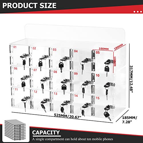 Consfly Cell Phone Locker Box Clear Cell Phone Lock Box 15 Slots Wall-Mounted Cell Phone Storage Cabinet with Keys for Office School Factory