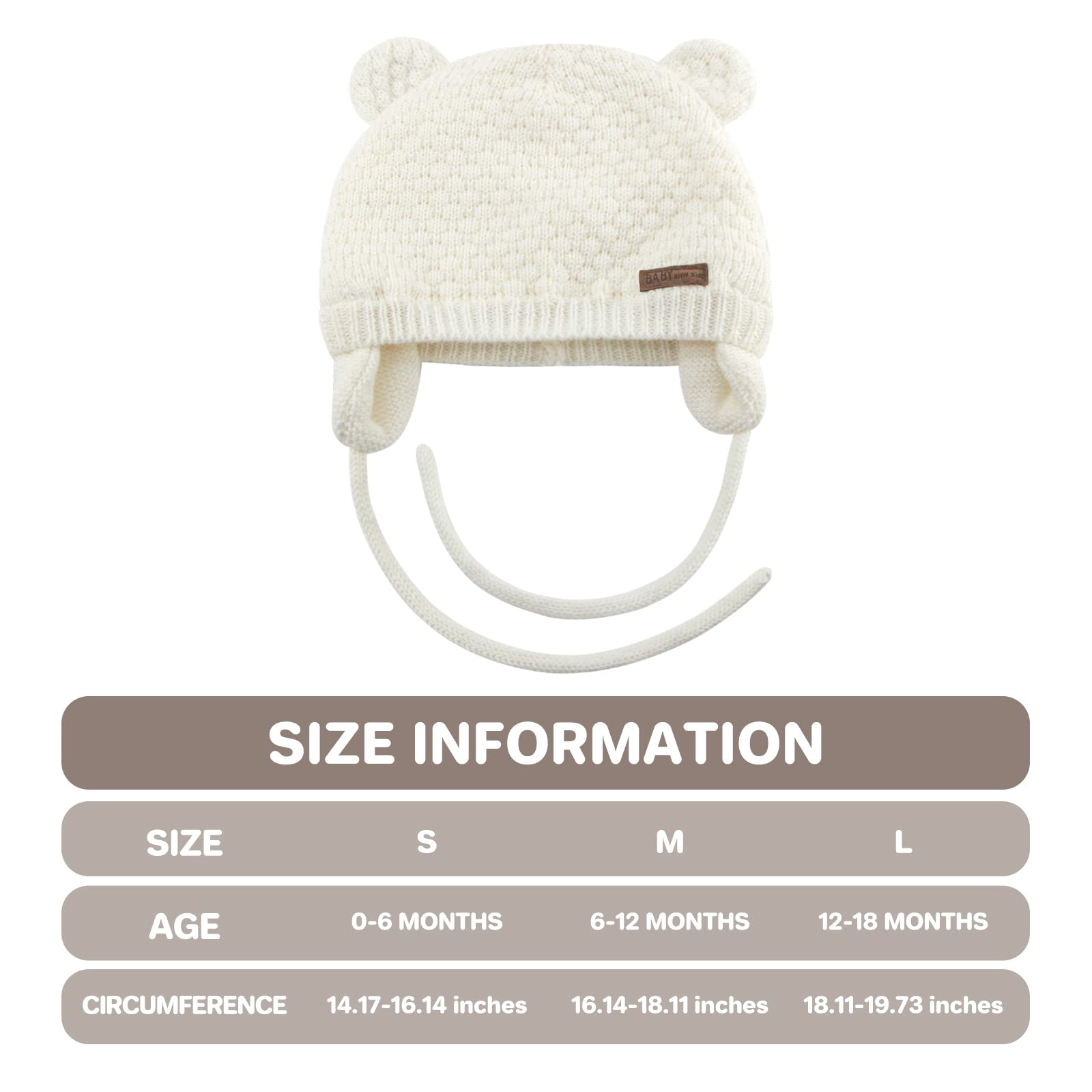 Duoyeree Baby Winter Hat Earflap Cotton Lining Knit Beanie Cap for Toddler Girl Boy (0-6 Month, White)