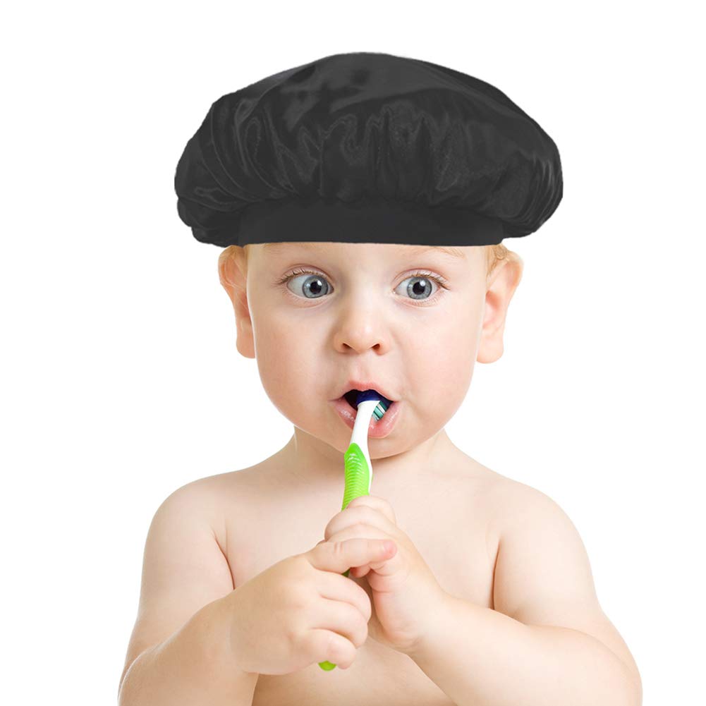 DuoZan 2 Pack Kids Satin Bonnets Night Sleeping Cap Wide Band Shower Cap Bath Hats for Baby Children Toddler (Black+Purple)…