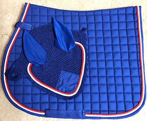Horse English Saddle PAD with Matching Fly Bonnet with Ear NETS Breathable Cotton Handmade Full Size Stretchable Ears (Purple, Full)