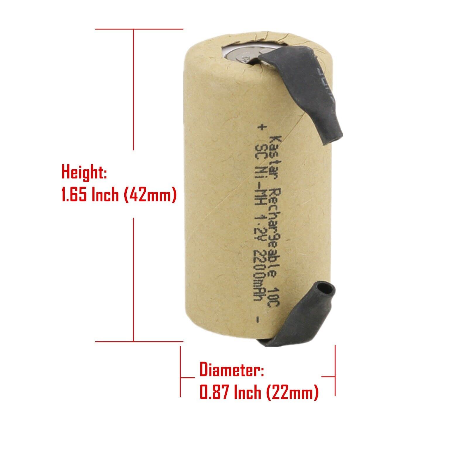 Kastar 10-Pack Nickel Metal Hydride (Ni-MH) Rechargeable Paper Wrapped Sub C SC Cell 1.2V 2200mAh Battery Flat Top with Tabs Replacement for Any of 1000mAh ~ 2500mAh Ni-CD & Ni-MH Sub C SC Cells