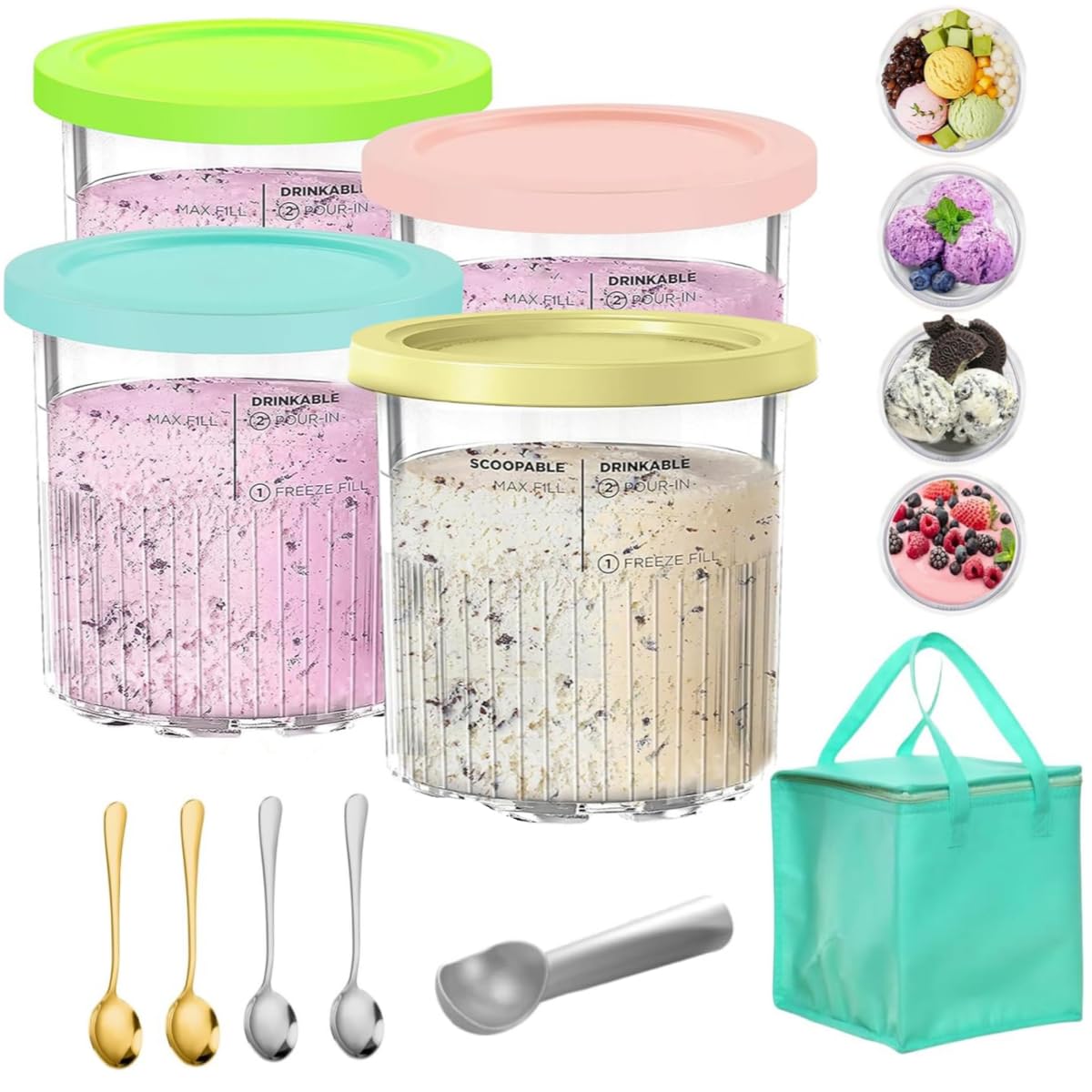 4 Pack-Compatible with NC501 NC500 Ninja Creami Deluxe Pints and Lids, Replacement for Ninja Creami 11-in-1 Series Deluxe Ice Cream Maker, 24oz Cups Dishwasher Safe with 5 Spoons and Insulated Bag