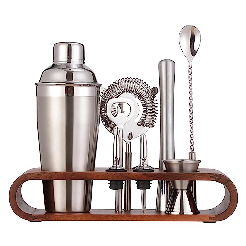 BIRDROCK HOME 10 Piece Bartender Kit with Wood Stand | Acacia | Professional Grade Stainless Steel Cocktail Set | Home Bar Tools | Gifts for Him | Shaker Bottle Opener
