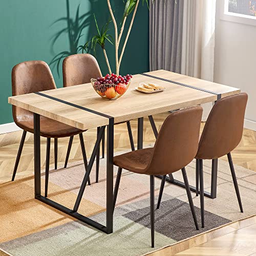 55 in Modern Dining Table Set for 4, 5-Piece Kitchen Dining Table Set, Modern Rectangle Wood Dining Table and Fabric Chairs Set for 4 Suitable for Dining Room, Living Room (Brown, table+4 chairs)