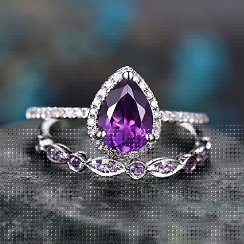 2pcs Shining Amethyst Ring Tear Drop Shape Cubic Zirconia Promise Rings Set Teardrop Ring Engagement Wedding Band Ring Sets