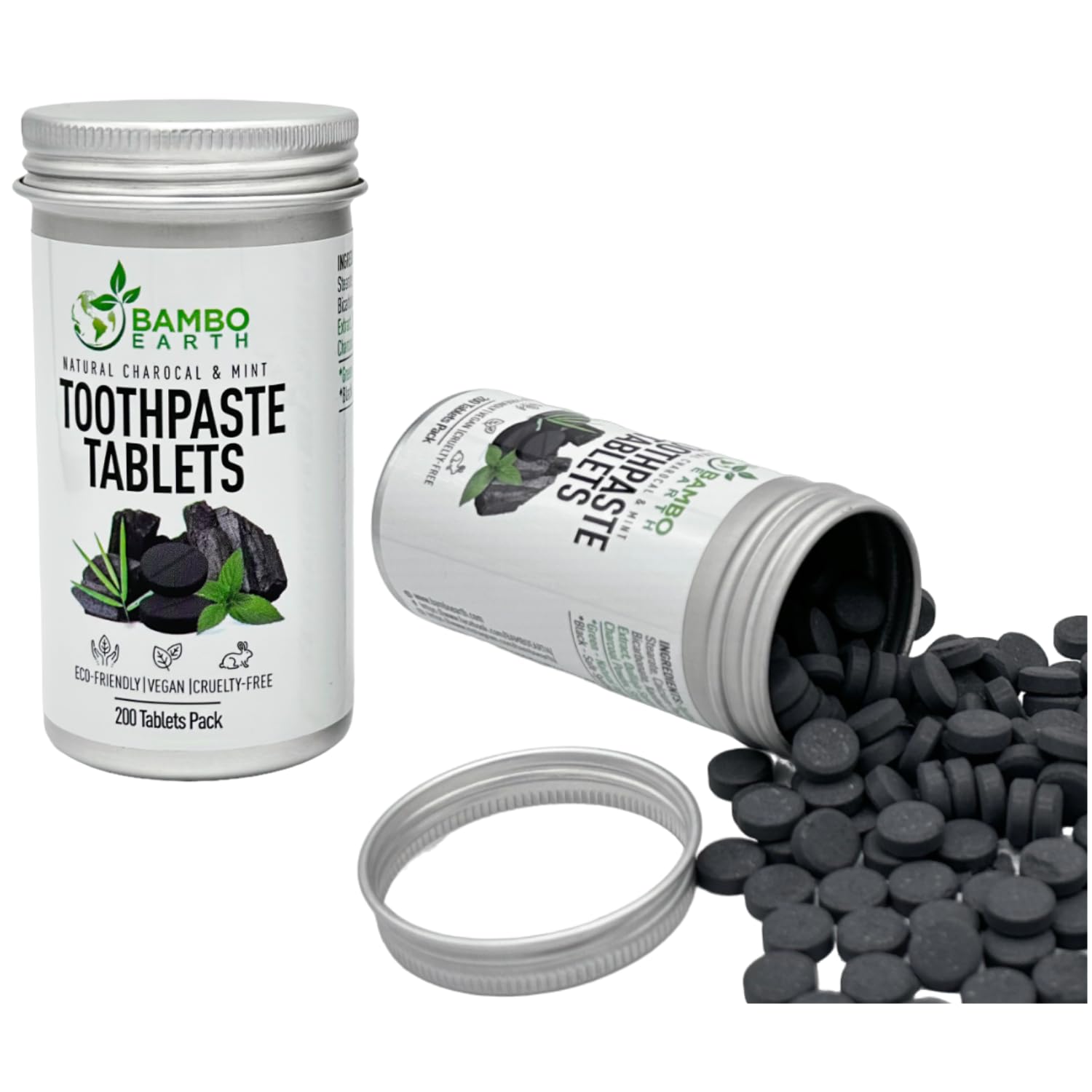 200 Pack Natural Toothpaste Tablet Bits - Chewable Mouthwash Whitening Burts Bees Bite Tablets For Teeth SLS & Fluoride Free Eco & Travel Friendly With Zero Waste Packaging - Mint & Activated Charcoal