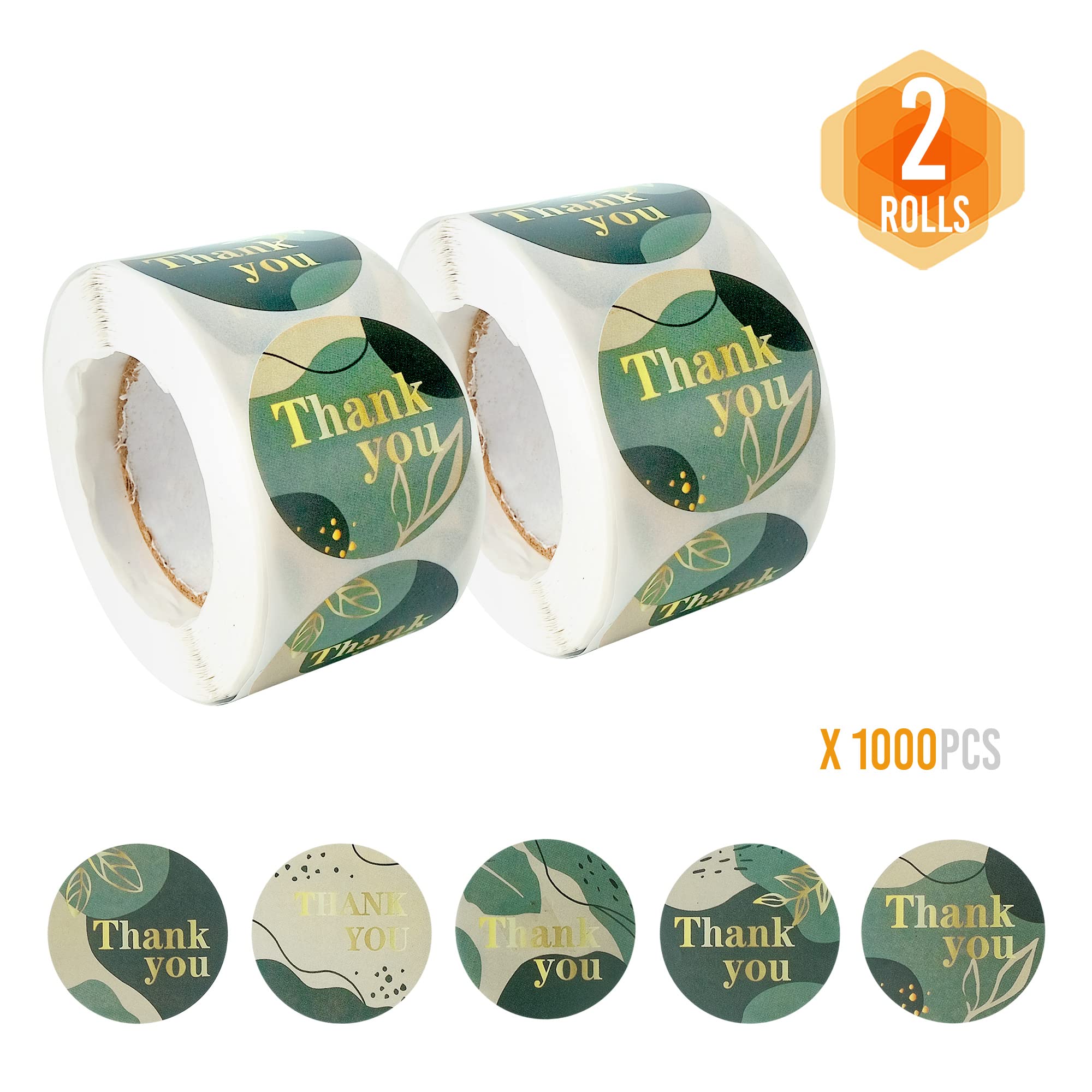 2Rolls-1000PCS 1.5" Green Series Thank You Stickers | 6 Different Design Thank You Designs for Business Packaging, Thank You Labels for Gifts Bags, Boxes and Envelope Sealing