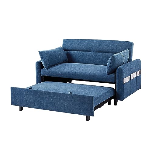 55.1" Pull Out Sofa Bed, 2 Seater Loveseats Sofa Couch with Adjustable Backrest, Storage Pockets, 2 Soft Pillows, Convertible Sleeper Sofa Bed for Living Room Bedroom Apartment Office (Blue 091)