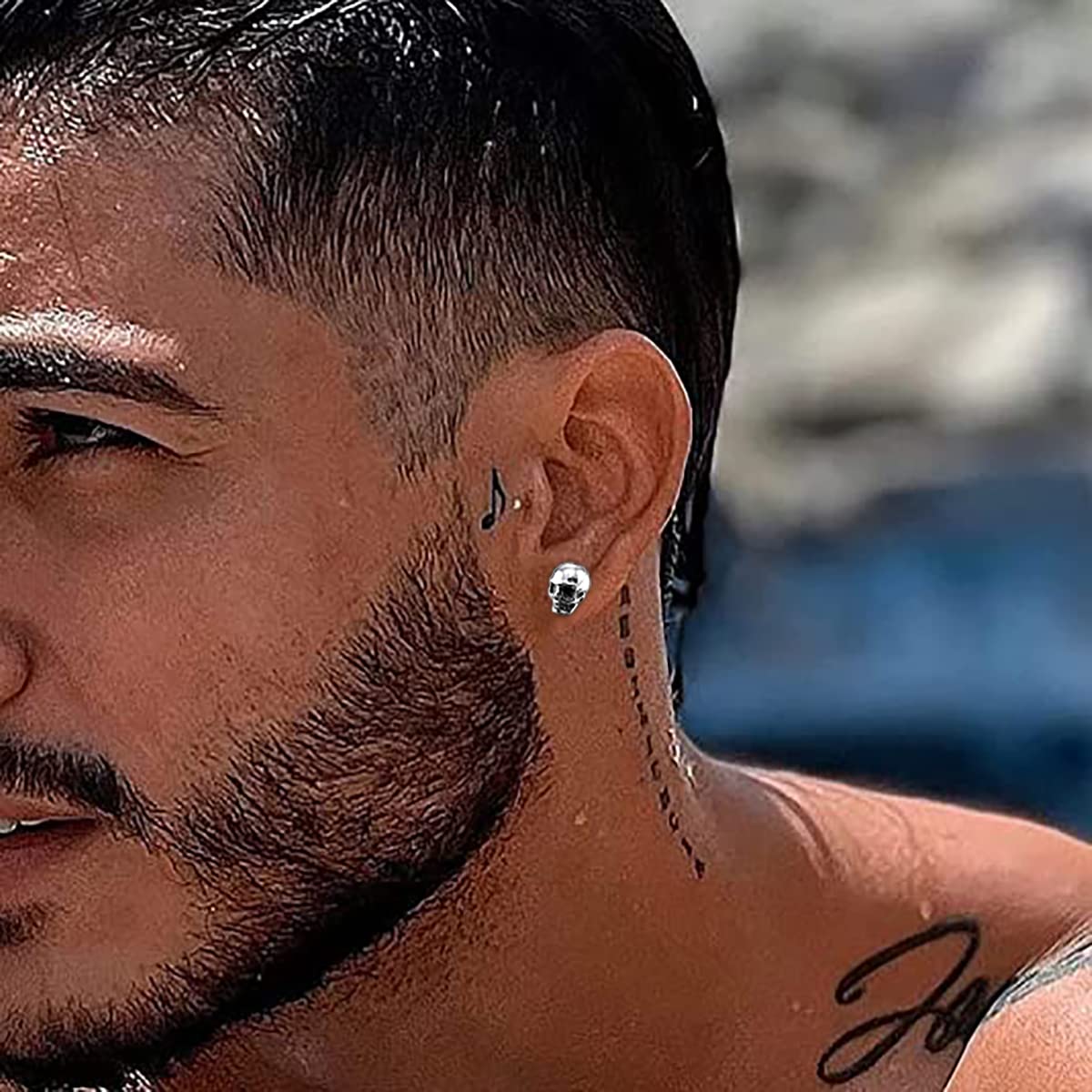 2 Pairs Punk Stainless Steel Stud Skull Earrings for Men Women Silver Black Rock Ear Piercing Earrings