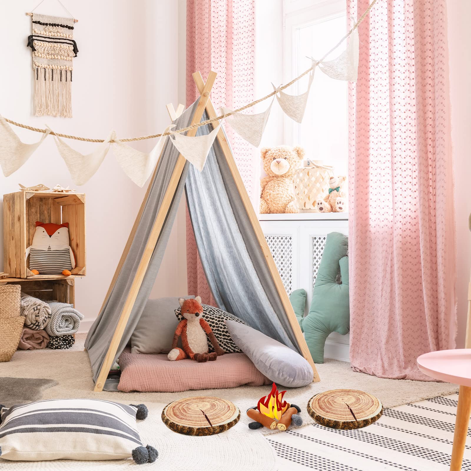 17 Pcs Pretend Camping Play Set, 2 Pcs Decorative Round Throw Pillow, Camping Safe Fake Campfire Plush Wood Shaped Floor Cushion for Adults Dramatic Play Camping Home Outdoor Decorations