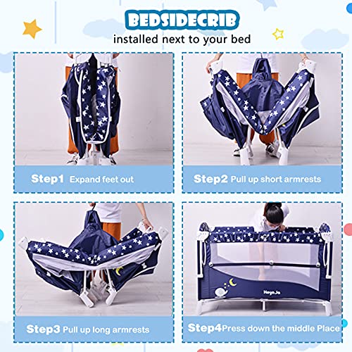 Heyo.Ja Double Layer Baby Playard, 5 Height Adjustable Crib,Changing Diaper Rack,Foldable Bassinet Bed with Luxury Mosquito Net,Starry Sky Fence,Two Toys Bag,Wheels & Brake, Carry Bag (Navy)
