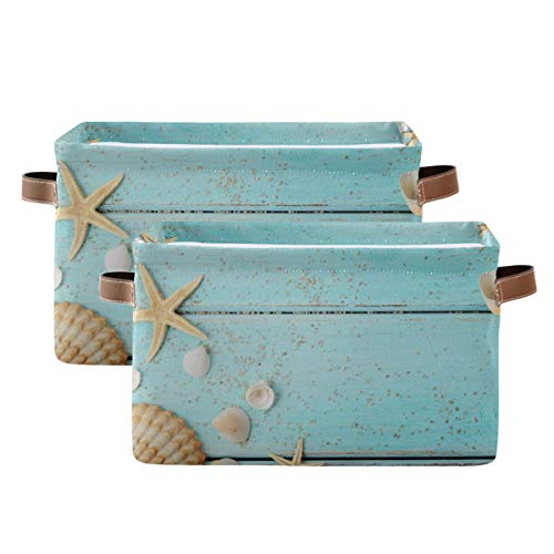 Canvas Storage Basket Beach Board Seashell Starfish Storage Bins Collapsible Organizer with Handles for Cupboards Shelves Nursery Wardrobe Clothes Toys Laundry Children Room