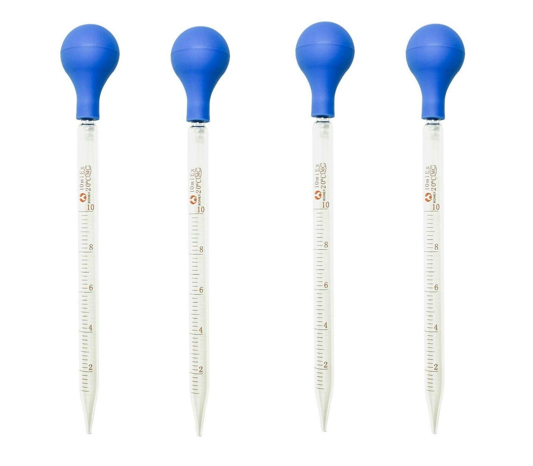 HIBATUL INC 4 Pack (10ml) Glass Graduated Dropper Pipettes Lab Dropper with Blue Rubber Cap and Scale