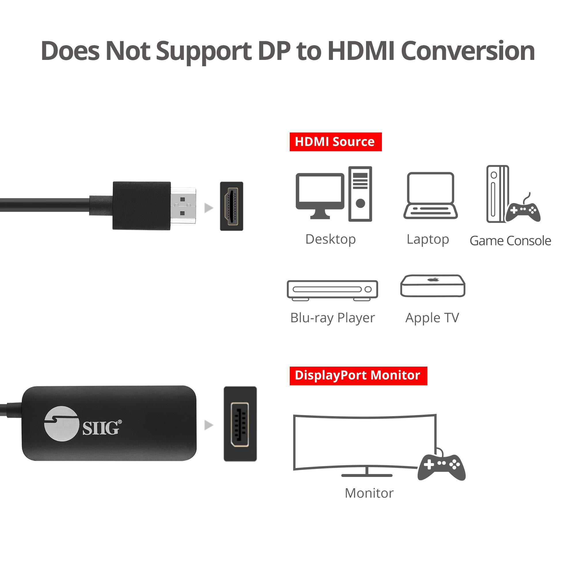 SIIG HDMI 2.0 to DisplayPort 1.2 4K@60Hz Converter Adapter, HDCP 2.2, Stereo Audio, USB-Powered, Not Compatible with Apple Studio Display (CB-H21811-S1)