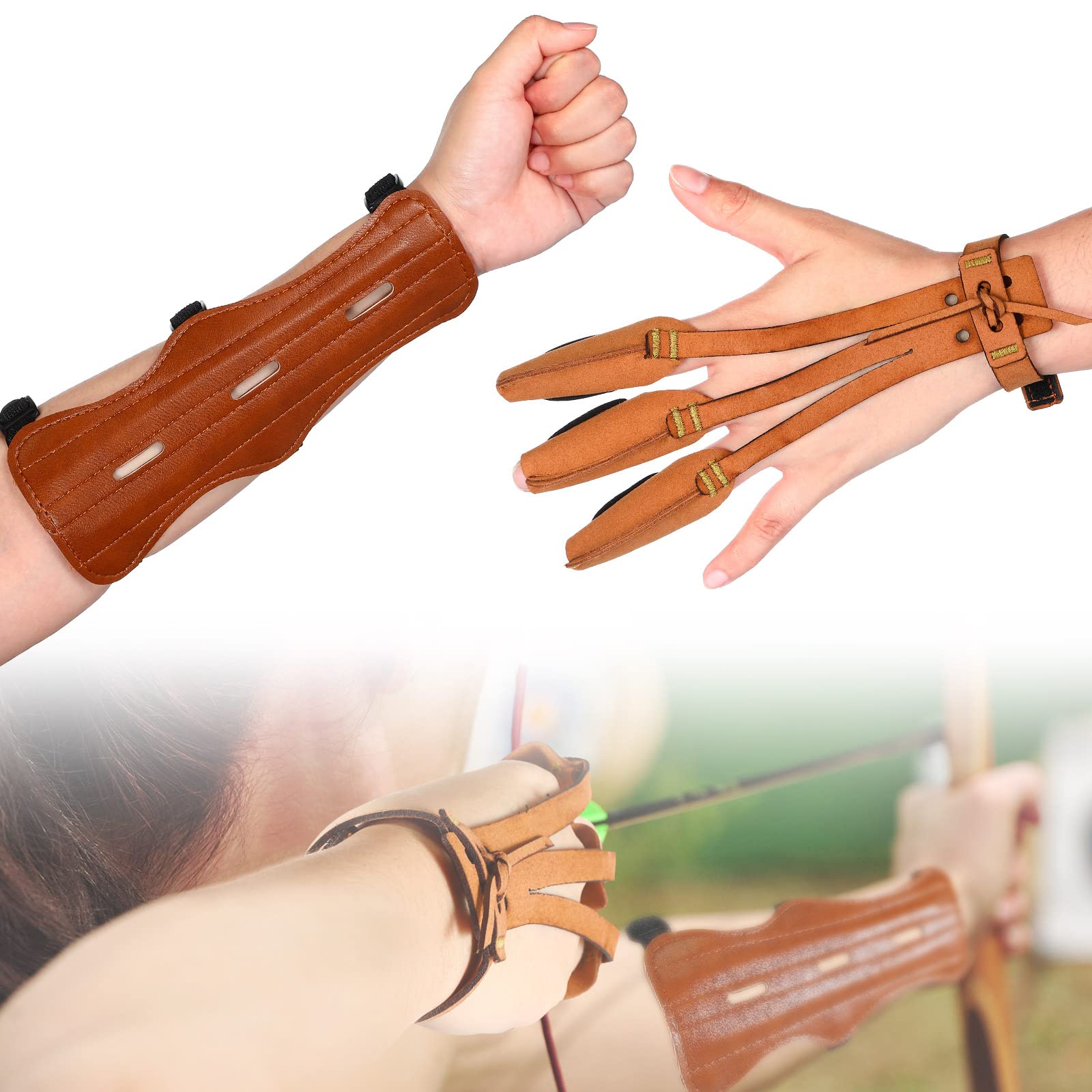 3 Straps Arm Guard with 3 Finger Glove Set Adjustable Archery Arm Guards Archery Glove Non Slip Protective Archery Accessories for Adult Unisex Recurve Compound Long Bow Hunting Target Shooting, Brown