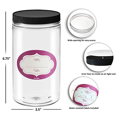 DilaBee 32 Oz Plastic Jars with Lids and Labels - 6 Pack Clear Storage Containers with Airtight Lids for Food, Kitchen Pantry, Home Organization and More