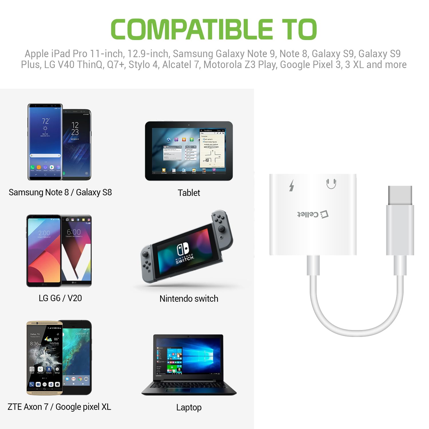 Cellet 3.5mm Aux Audio Adapter USB-C, Type-C USB Enhanced Quality Sound Compatible to iPad, iPad Pro, iPad Air, Samsung Galaxy, Google Pixels, MacBook Pro Air (USB-C to Audio & Power Adapter)