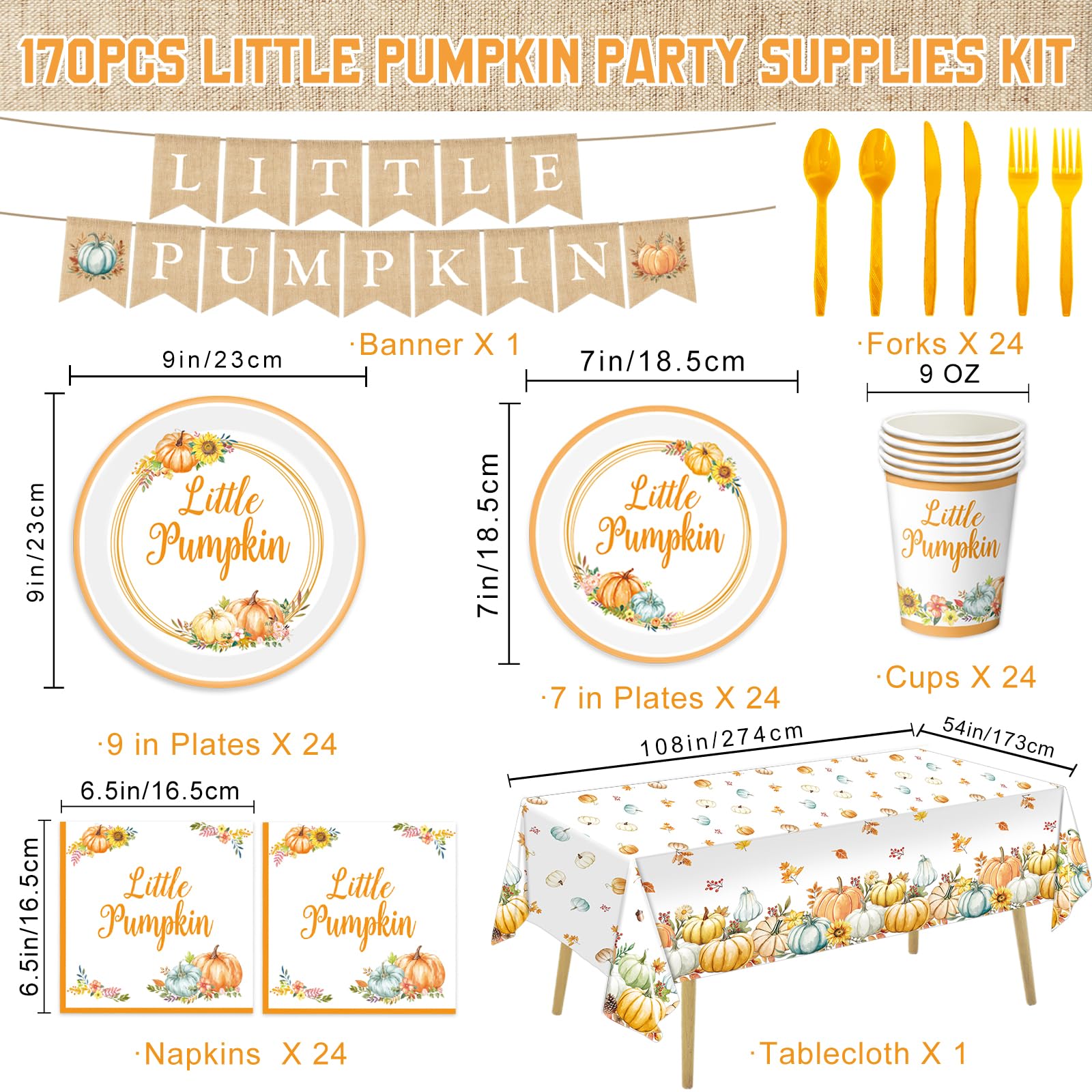 170PCS Little Pumpkin Baby Shower Decorations Plates, Cups, Napkins, Banner, Tablecloth and Cutlery for Fall A Little Pumpkin is On The Way Baby Shower, Serves 24