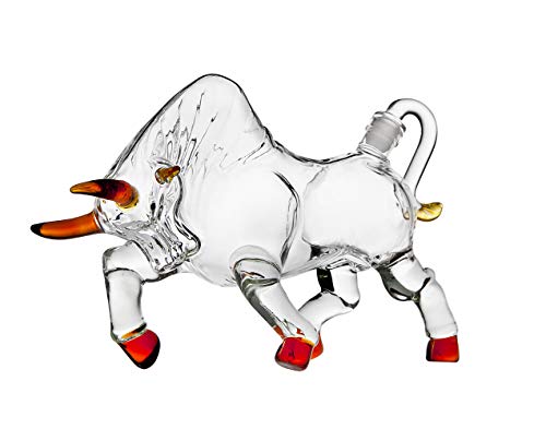 Animal Whiskey Decanter Bull On Wooden Display Tray - For Liquor Scotch Vodka or Wine - 500ml