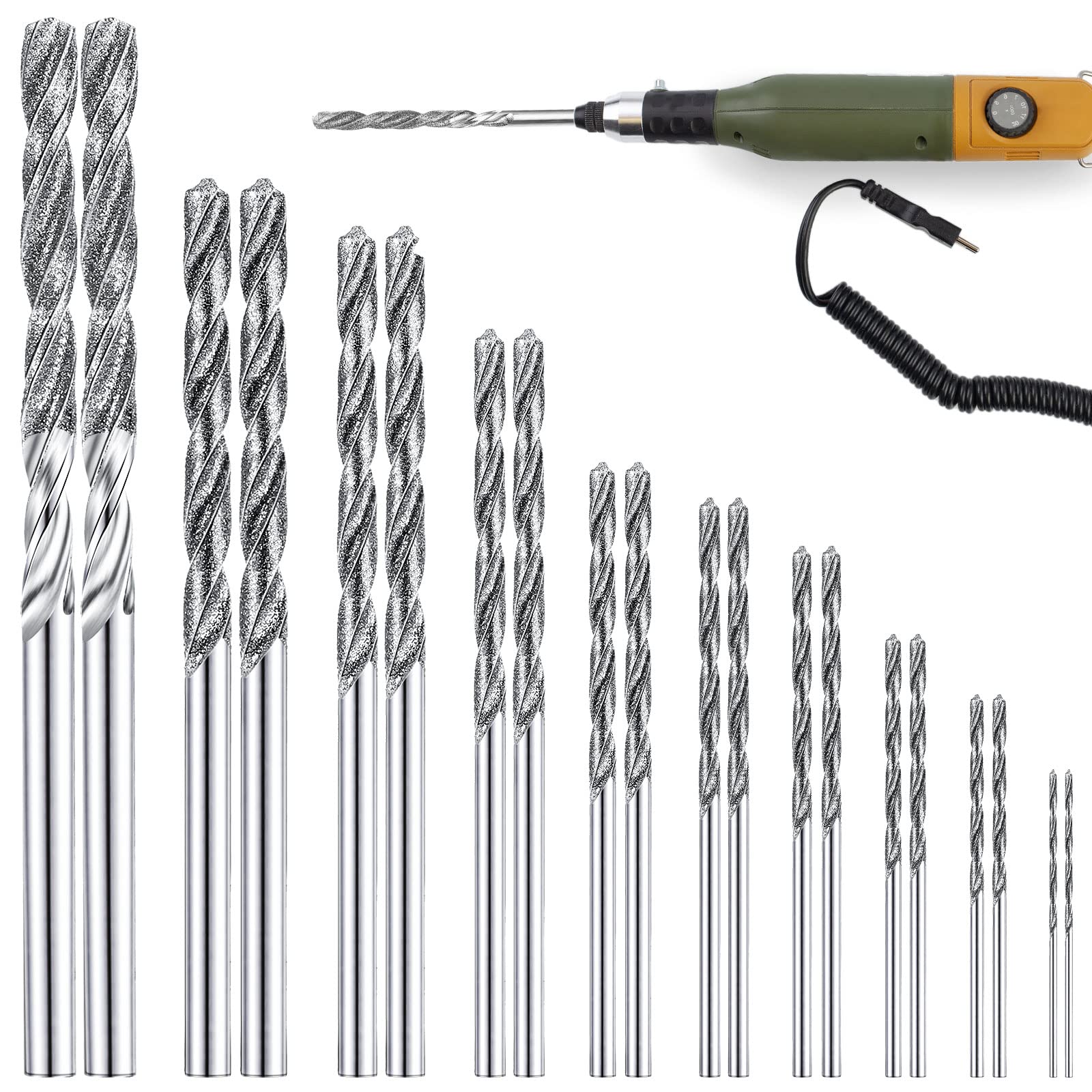 20 Pieces Diamond Drill Bits Set Twist Diamond Tip Drill Bit Heavy Duty Micro Diamond Drill Bit Set for Glass Tile Jewelry, 0.8 mm 1.0 mm 1.2 mm 1.5 mm 1.8 mm 2.0 mm 2.5 mm 3.0 mm 3.5 mm 4.0 mm