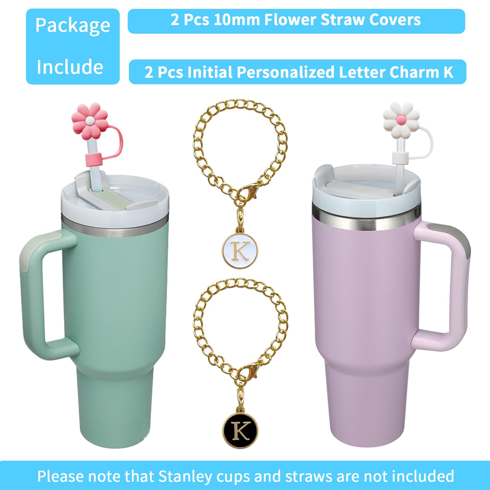 2PCS Straw Cover for Stanley Cup 30&40 Oz 10mm Flower Silicone Straw Topper Protector Lid with 2PCS Initial Personalized Letter Charm Stanley Cup Accessories (2PCS Letter A+2PCS Flowers)