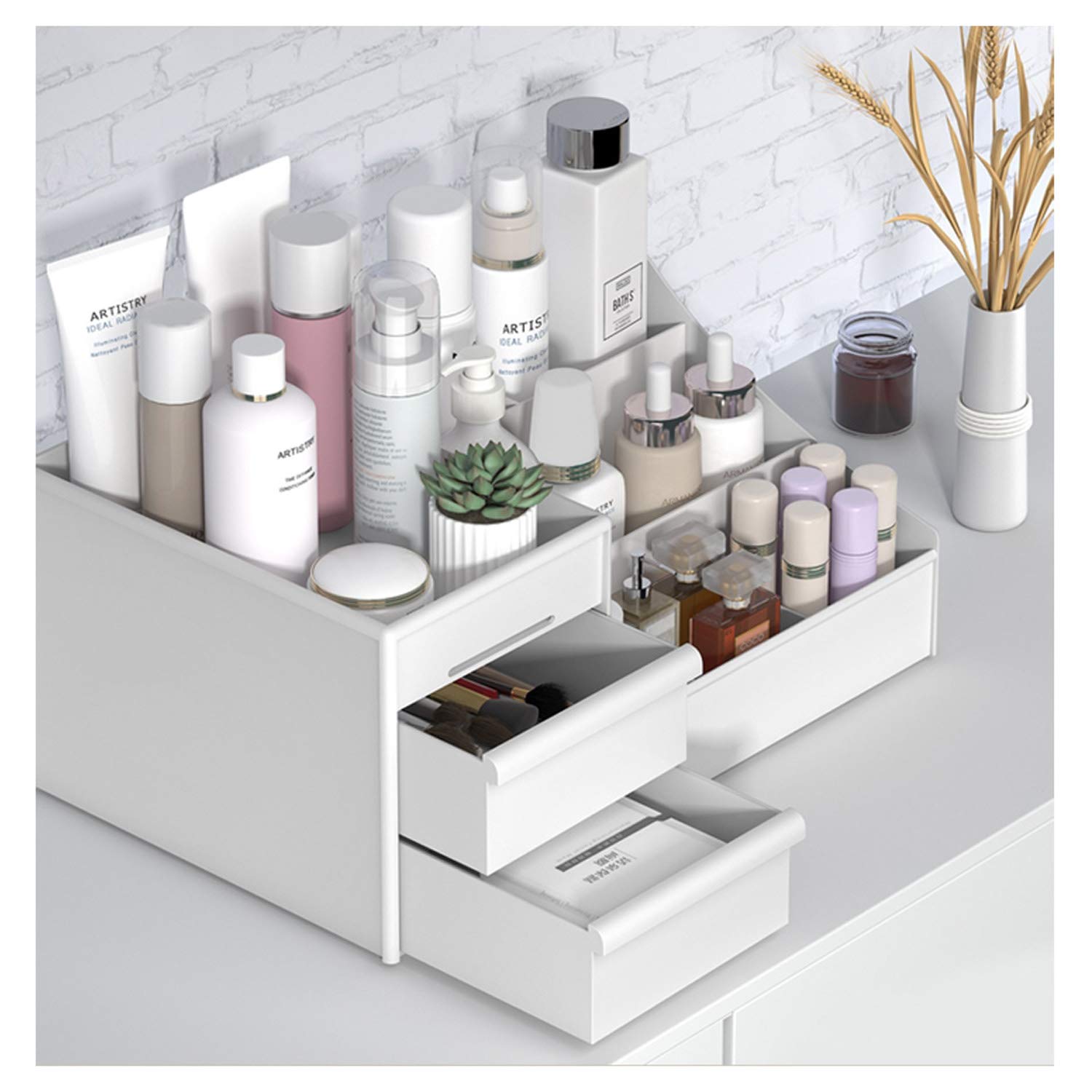 HASPINH Large Makeup Capacity Cosmetic Storage Box Skin Care Organizer Jewelry,Makeup, Brushes, Lipsticks, Nail Polish Container,Desktop Dresser Sundries Storage Box (White)