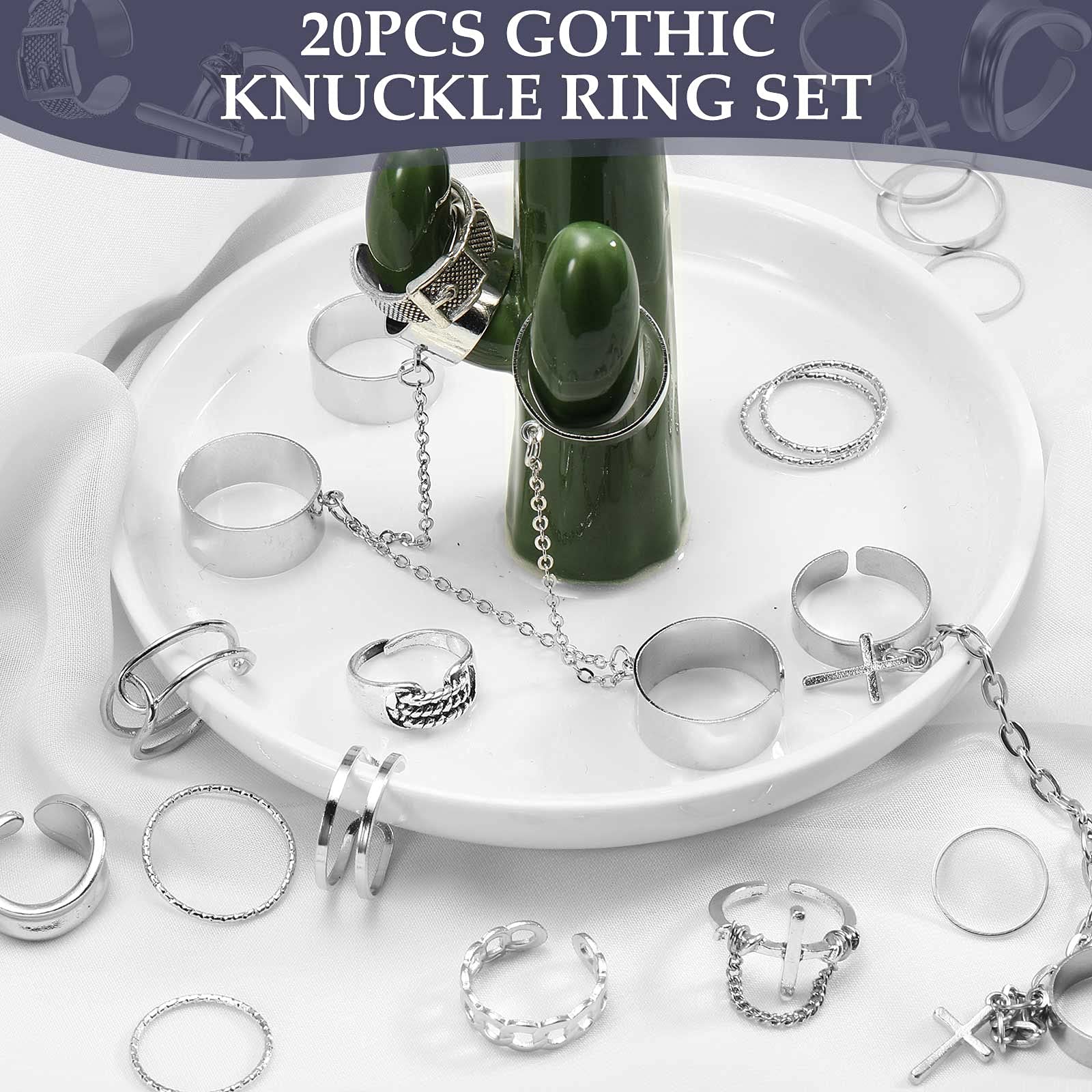 20 Pieces Vintage Silver Punk Chain Finger Rings Adjustable Stackable Vintage Ring Gothic Knuckle Ring Silver Punk Open Rings for Women Men