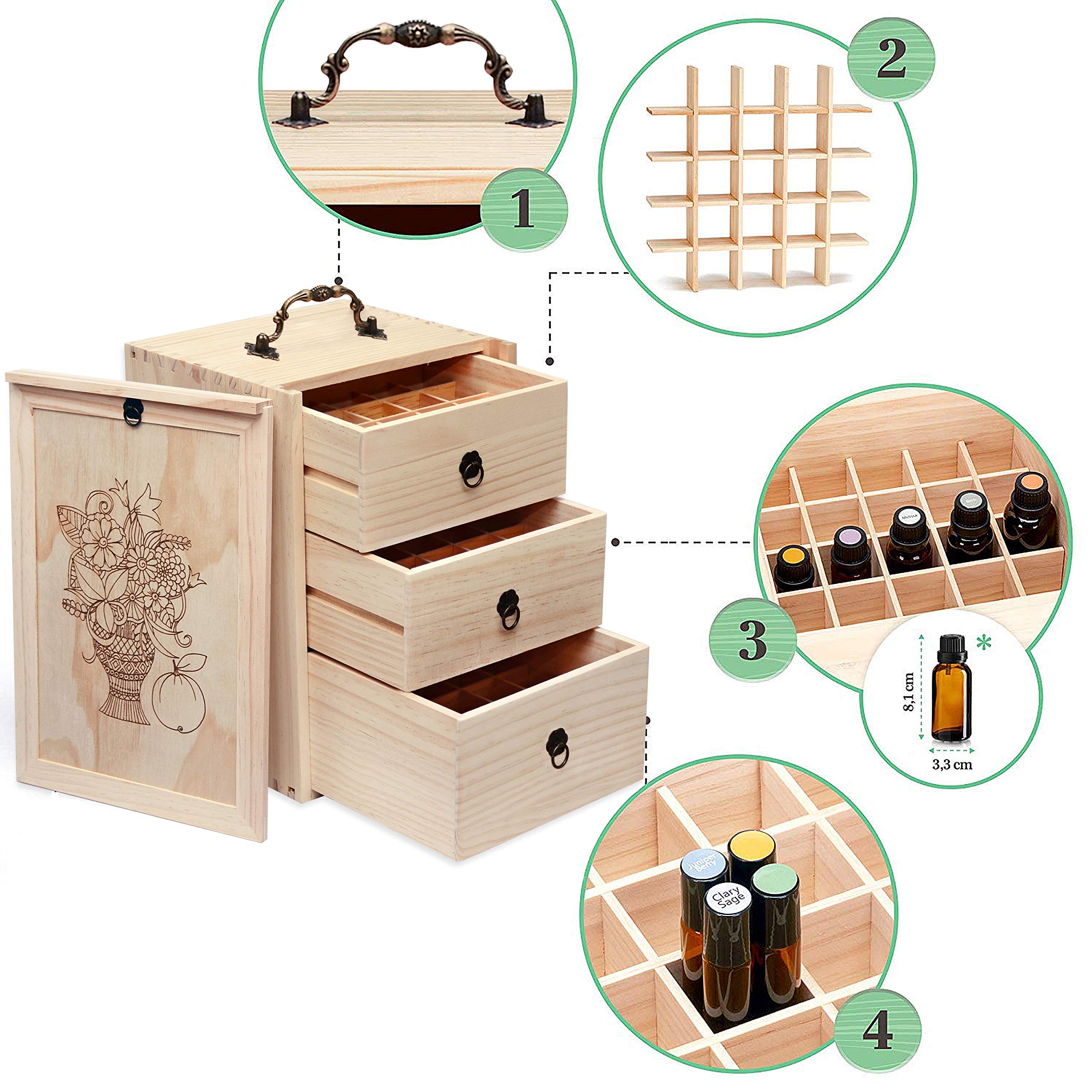 Essential Oil Bottles Storage for 60 Bottles - Holds 5 10 15 20 30 ml Travel Box For Young Living & Doterra bottles - Essential Oil Box Natural Wood(Update Version)