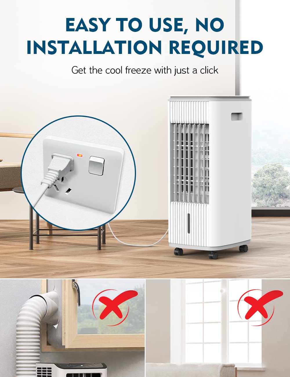 3-IN-1 Evaporative Air Cooler, Portable Air Conditioner w/Cooling/Humidify, Cooling Tower Fan with Remote, 70° Oscillation & 7H Timer Swamp Cooler, Windowless Evaporative Cooler for Room, Ice Packs*4