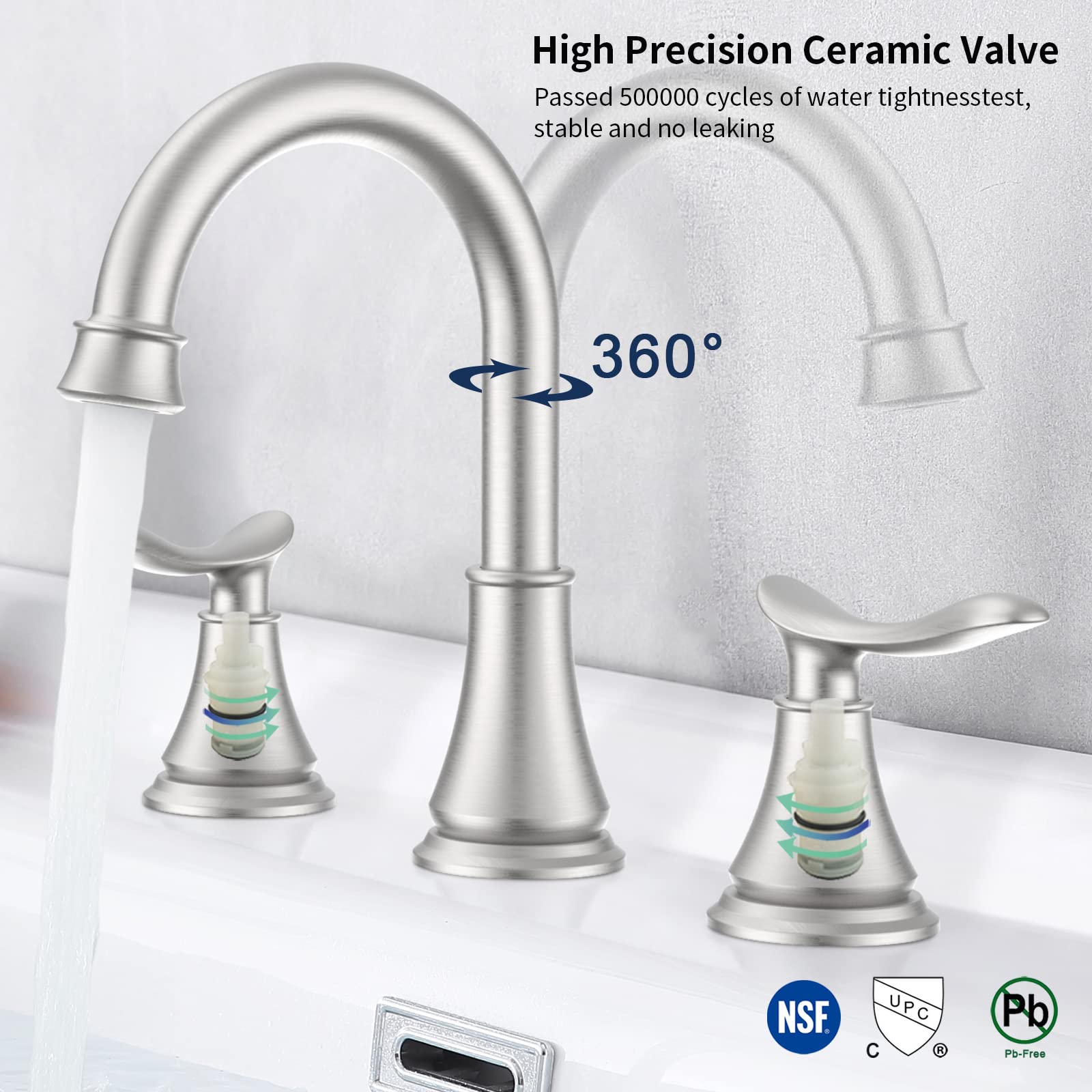2-Handle 8 inch Widespread Bathroom Sink Faucet Brushed Nickel Lavatory Faucet 3 Hole 360° Swivel Spout Vanity Sink Basin Faucets with Pop Up Drain Assembly and cUPC Water Supply Hoses