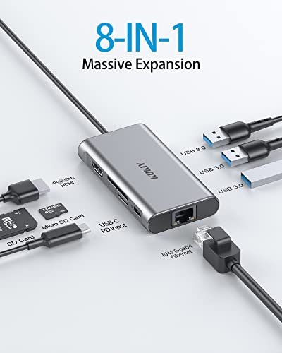 USB C Hub 8-in-1 with 4K HDMI, KUKIY Gigabit Ethernet, 3 USB 3.0, 100W PD Charging and SD&Micro SD Card Reader USB C Adapter Aluminum for MacBook Pro/Air (Thunderbolt 3)