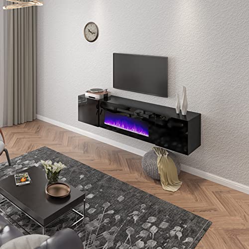 AMERLIFE Floating TV Stand with 36" Electric Fireplace, High Gloss Finish Wall Mounted Fireplace Entertainment Center with Storage for TVs Up to 78", Black