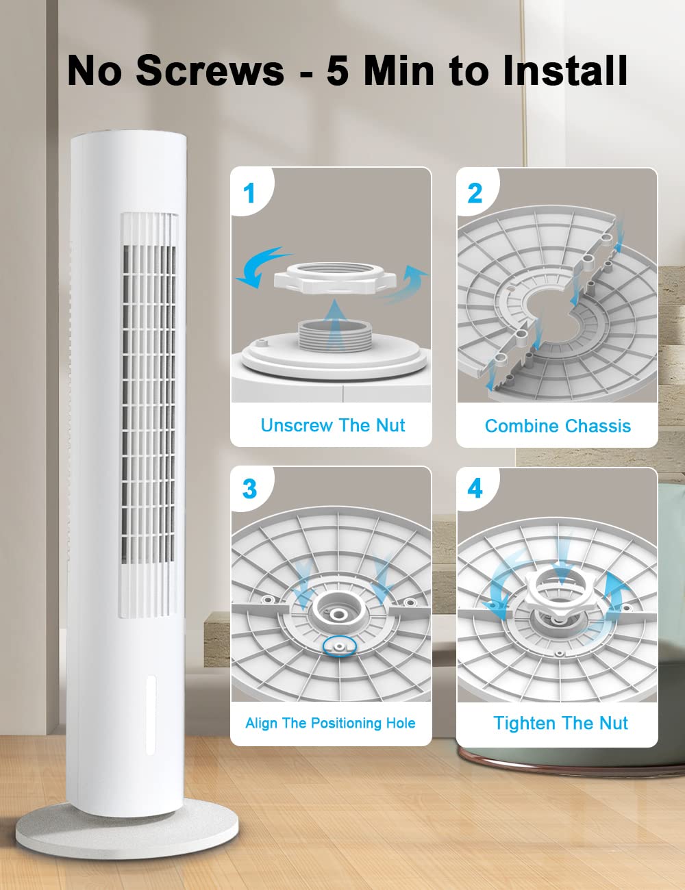 3-In-1 Evaporative Air Cooler,1S Cooling Tower Fan w/Remote Control & 65dB, Portable Air Cooler w/Cooling Mode, Evaporative Cooler w/60° Oscillation, Personal Cooling Fan for Home Office, 4 Ice Packs