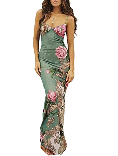 ABINGOO Women Vintage Spaghetti Strap Maxi Dress Sexy Low Cut Backless Floral Satin Slip Long Dress Y2k Cami Bodycon Dresses 8-Green Floral L