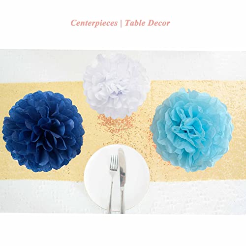 ANSOMO Blue and Silver Tissue Paper Pom Poms Party Decorations Navy Light Blue White Flowers Wall Hanging Décor Supplies Birthday Bridal Baby Shower Wedding Graduations12 Pcs