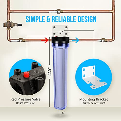 20 x 2.5-Inches Transparent Slim Whole House Water Filter Purifier System with Presser Relief Button, 1β Inlet/Outlet Port & Yearly Supply (3) Coconut Shell Activated Block Carbon Cartridges 5 Micron