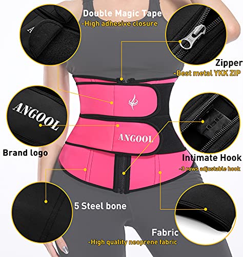 ANGOOL Neopren Waist Trainer for Women,Workout Plus Size Trimmer Belt Sauna Sweat Corset Cincher with Zipper L Pink