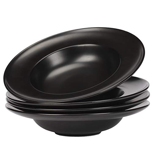 Hoxierence - Ceramic Wide Rim Soup Bowls, 10 Oz Matte Rim Pasta Bowls, Suitable for Salad, Dessert, Soup, Restaurant - Set of 4