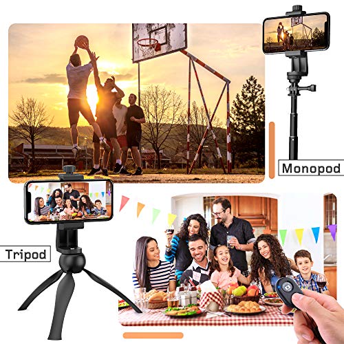 Universal Phone Tripod Mount Adapter with Wireless Camera Remote, Cell Phone Holder with Adjustable Clamp for Selfie Stick Monopod Compatible with iPhone, Samsung and so on, Wrist Strap Included