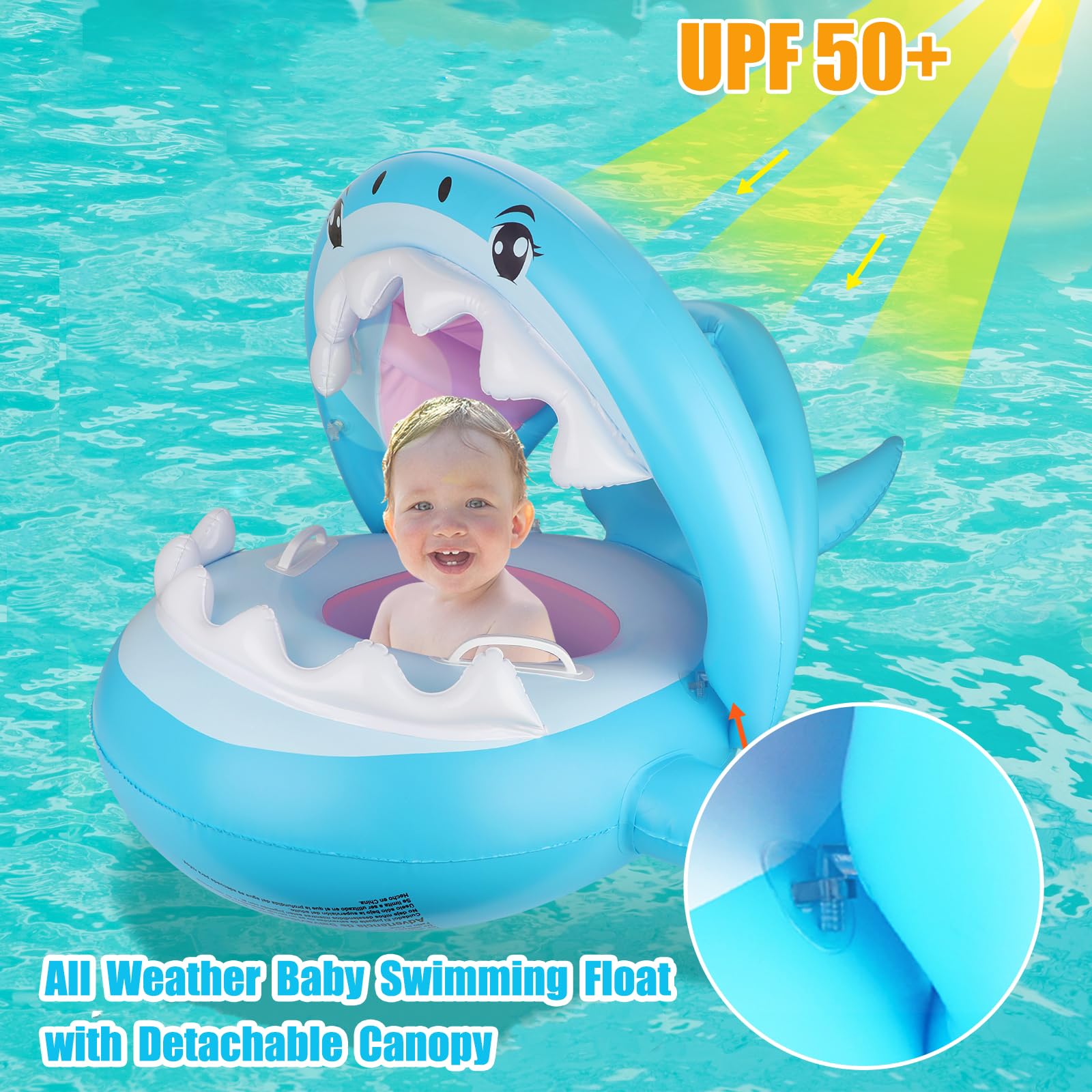 Baby Pool Float with Canopy UPF50+ Sun Protection Inflatable Baby Float Water Toys Summer Toys Baby Swim Float for Pool Aged 6-36 Months